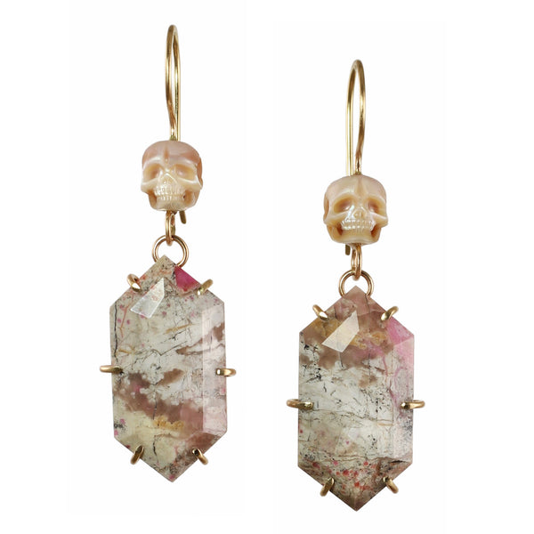 Pearl Skull & Pink Calcite Earrings with 14k Gold - Christine Mighion Jewelry