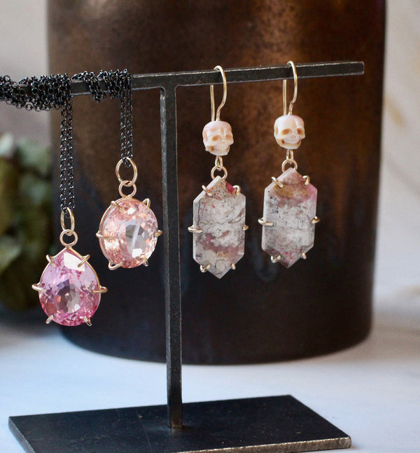 Pearl Skull & Pink Calcite Earrings with 14k Gold - Christine Mighion Jewelry