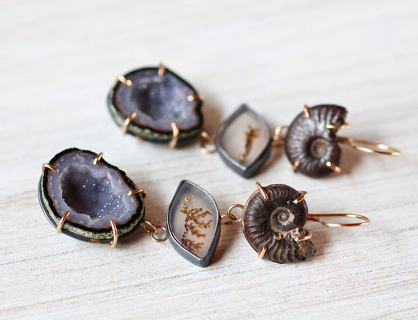 Fossilized Ammonite, Dendritic Agate, & Blue Geode Earrings with 14k G - Christine Mighion Jewelry